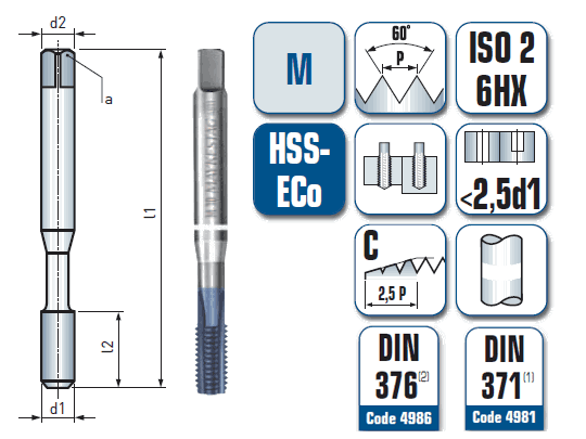 Maschinengewindebohrer, gerade genutet, für metrisches ISO Gewinde DIN 13