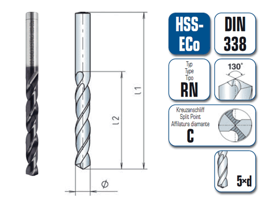 HSS-ECo Spiralbohrer. Kurz. DIN 338 RN